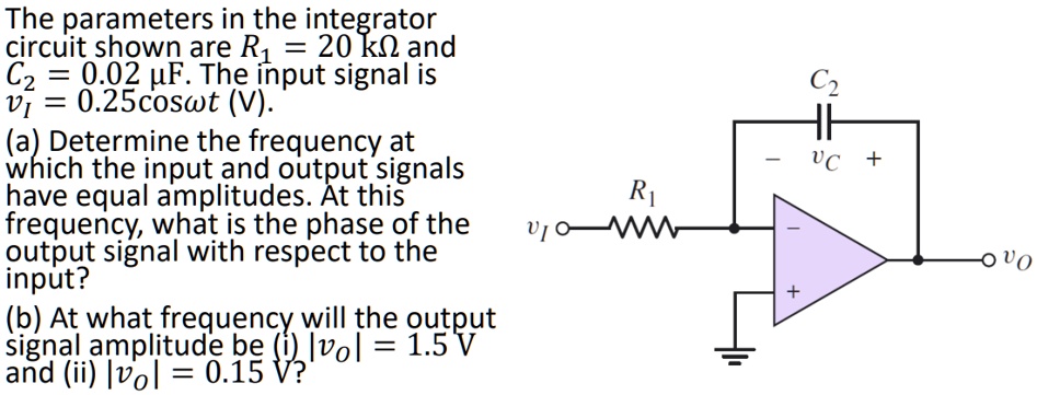 The parameters in the integrator circuit shown are R1 = 20 kΩ and C2 ...