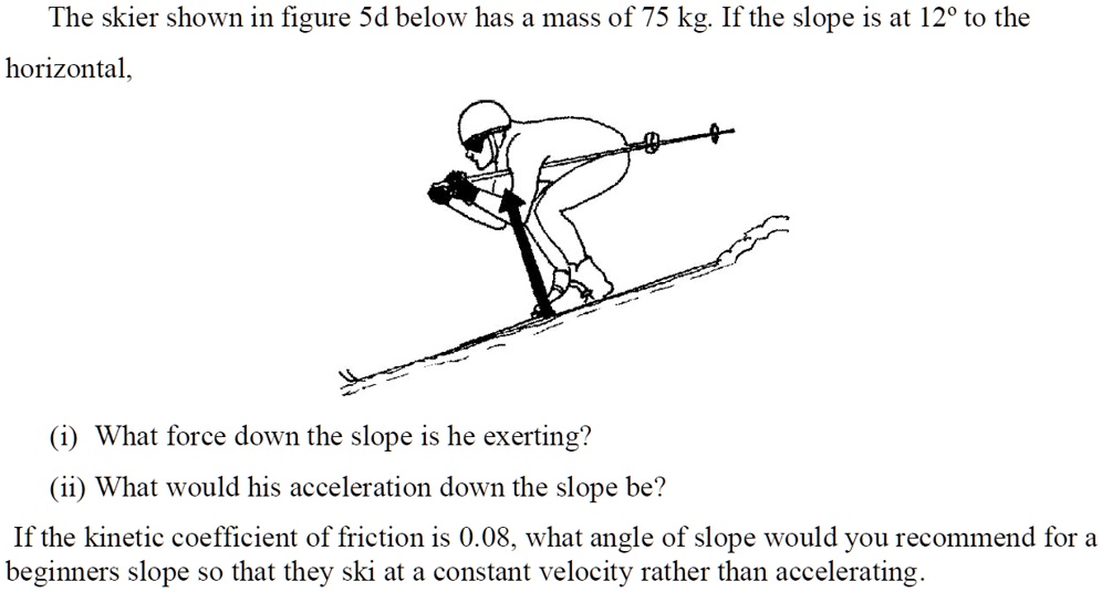 The skier shown in figure 5d below has a mass of 75 kg. If the slope is ...