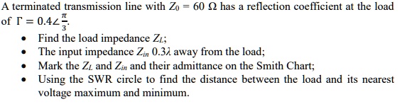 A terminated transmission line with Z0 = 60 Ω has a reflection coefficient at the load of Γ = 0. ...