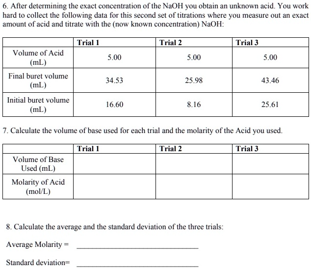 SOLVED: After determining the exact concentration of the NaOH, you obtain an unknown acid. You ...