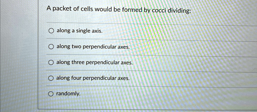 A packet of cells would be formed by cocci dividing: along a single ...