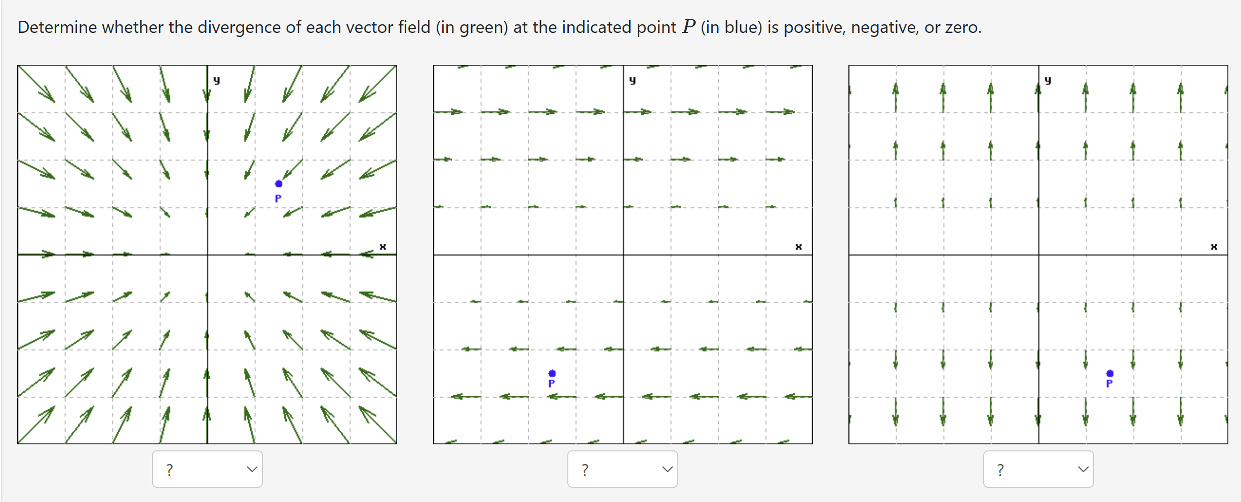 SOLVED: Determine whether the divergence of each vector field (in green ... SOLVED: Determine whether the divergence of each vector field (in green ...