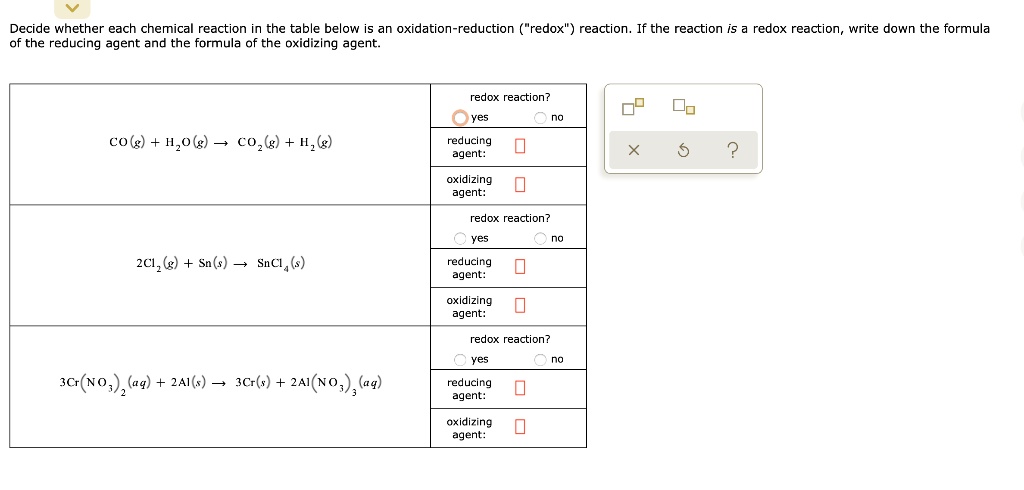 SOLVED: Decide whether each chemical reaction in the table below is an ...