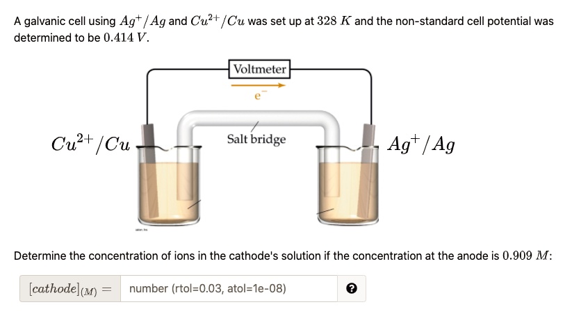 SOLVED: A galvanic cell using Ag | Ag and Cu+ / Cu was set up at 328 K and the non-standard cell ...