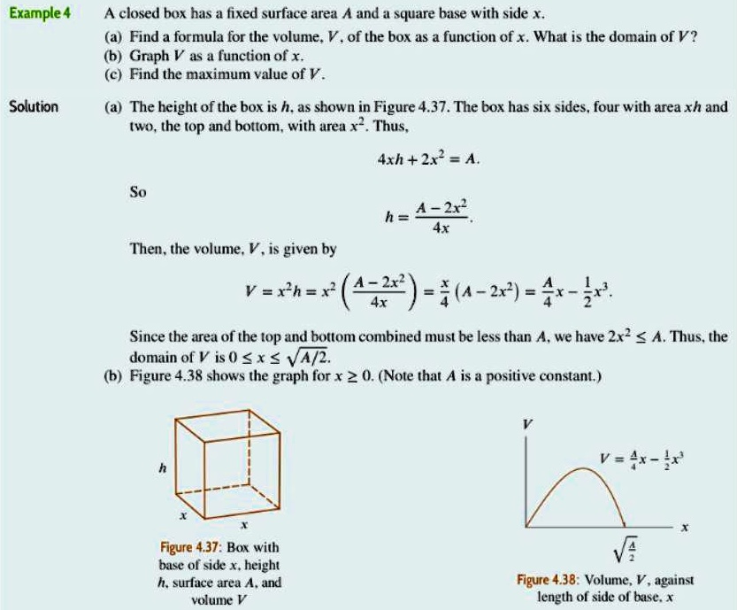 SOLVED: Example 4 elosed box has a fixed surlace area A and a square ...