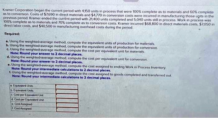 SOLVED: Kramer Corporation began the current period with 4150 units in process that were 100% ...