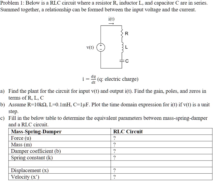 SOLVED: Problem 1: Below is a RLC circuit where a resistor R, inductor L, and capacitor C are in ...