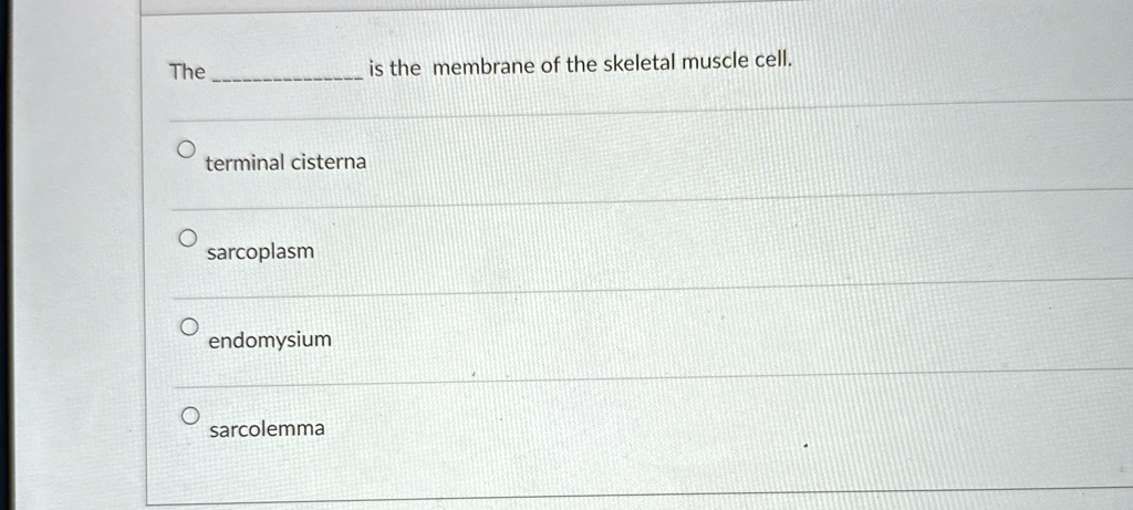 The is the membrane of the skeletal muscle cell. terminal cisterna ...