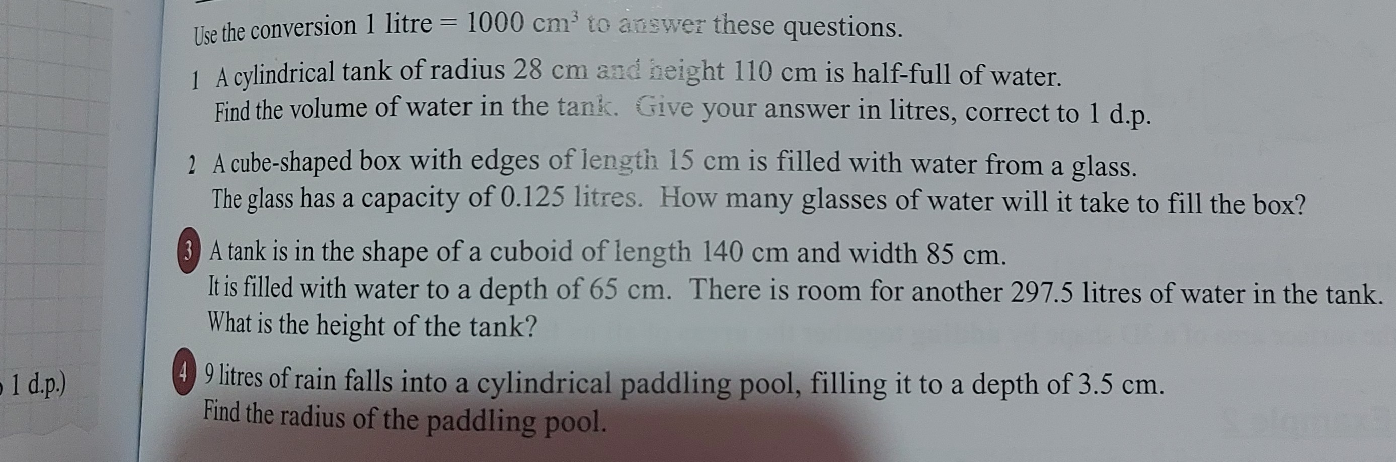Use the conversion 1 litre =1000 cm^3 to answer these questions. 1 A ...