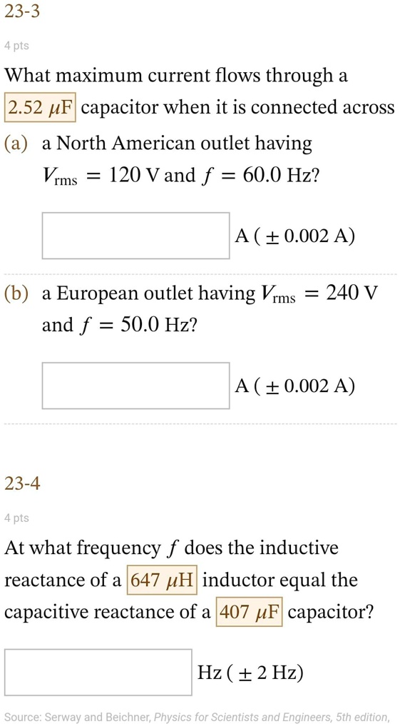 23 3 4 pts what maximum current flows through a 252 uf capacitor when ...