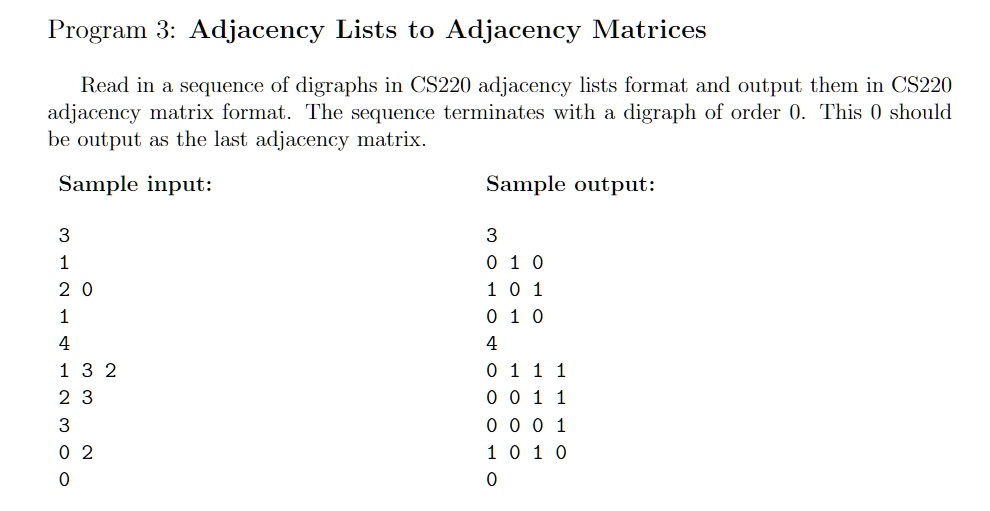 Program 3: Adjacency Lists to Adjacency Matrices Read in a sequence of digraphs in CS220 ...