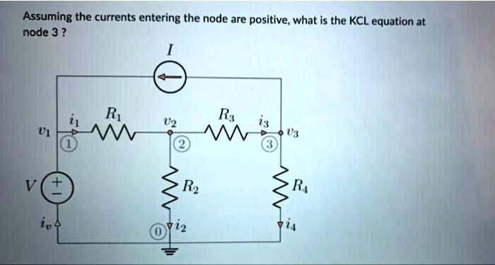 Assuming the currents entering the node are positive, what is the KCL equation at node 3?