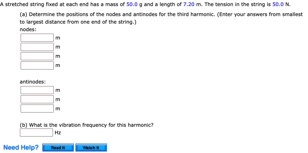 SOLVED: A stretched string fixed at each end has a mass of 50.0 g and a length of 7.20 m.The ...