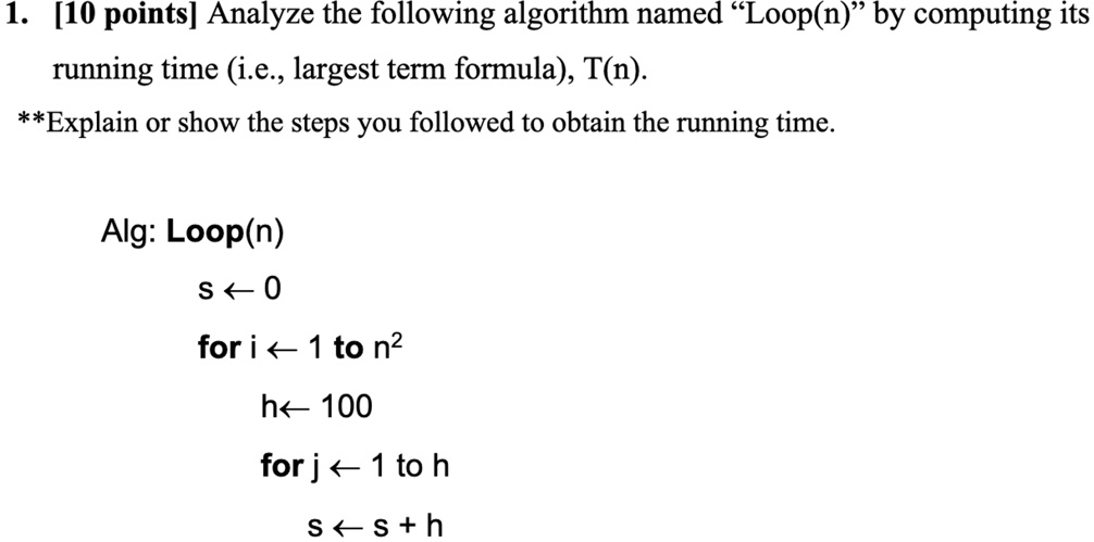 Solved 10 Points Analyze The Following Algorithm Named Loopn By Computing Its Running 2012