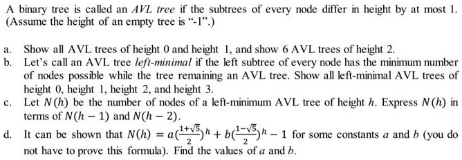 Solved A Binary Tree Is Called An Avl Tree If The Subtrees Of Every Node Differ In Height By At