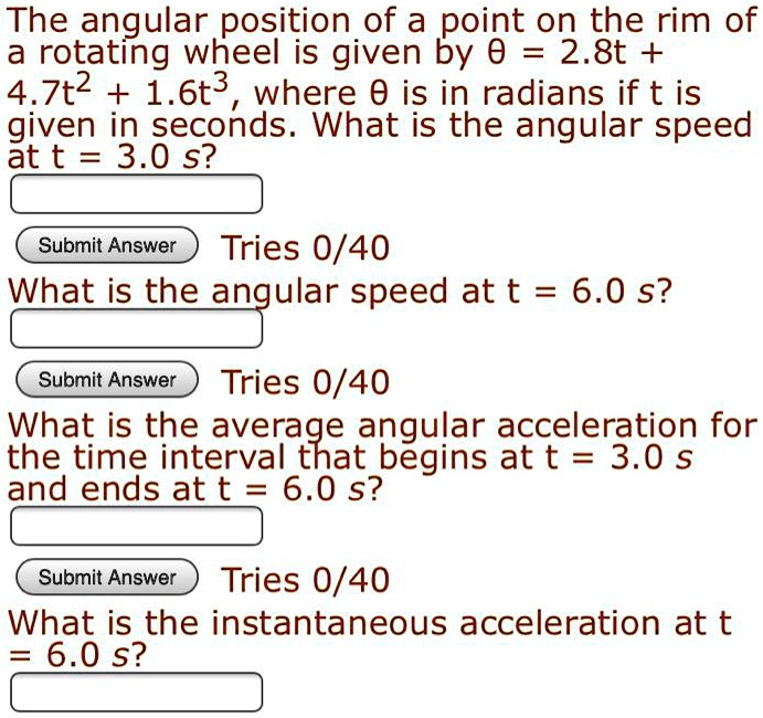 the angular position of a point on the rim of a rotating wheel is given ...