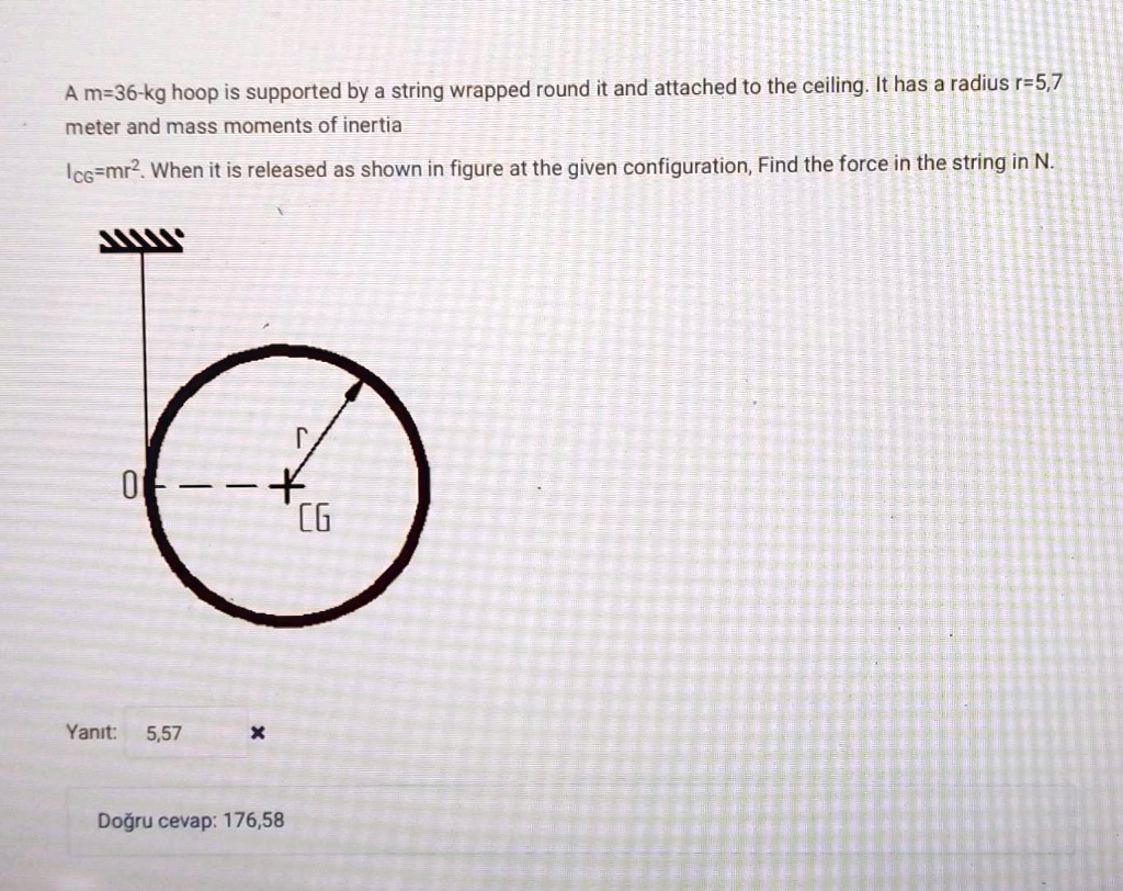 A m=36-kg hoop is supported by a string wrapped round it and attached ...