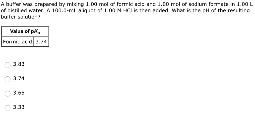 A buffer was prepared by mixing 1.00 mol of formic acid and 1.00 mol of ...