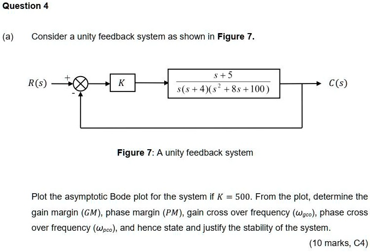 SOLVED: Question 4 (a) Consider a unity feedback system as shown in Figure 7. 5+5s(s+4)(8s+100 ...