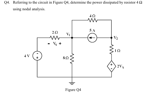 Q4. Referring to the circuit in Figure Q4, determine the power dissipated by resistor 4 Ω using ...