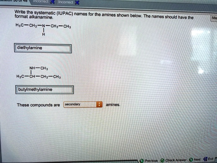 Incorrect Incorrect Write the systematic (IUPAC) names for the amines shown below. The names ...