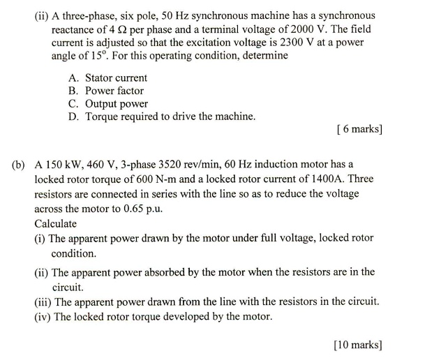 SOLVED: (ii) A three-phase, six pole, 50 Hz synchronous machine has a synchronous reactance of 4 ...