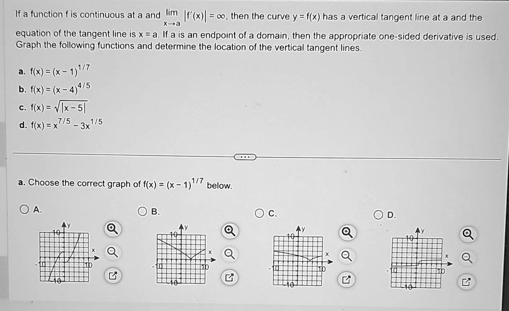 SOLVED: If a function f is continuous at a and lim, If'(x)| = co, then the curve y = f(x) has a ...