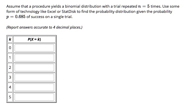 SOLVED:Assume that procedure yields binomial distribution with trial repeated n = 5 times: Use ...