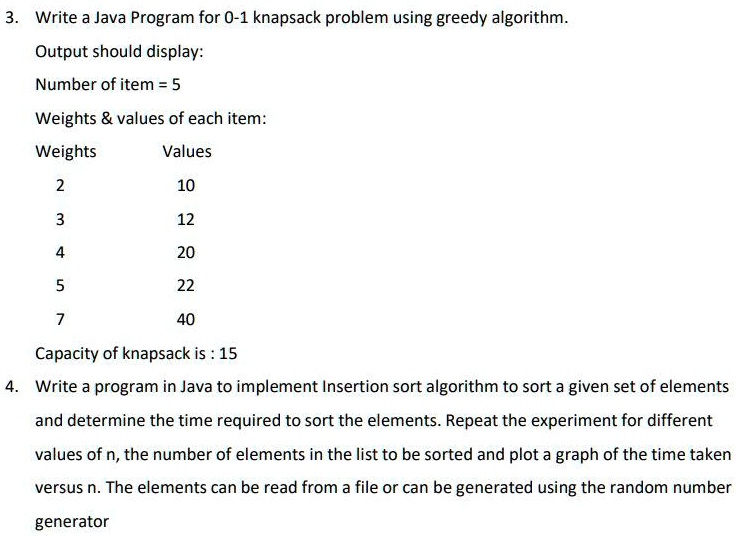 Solved 3write A Java Program For 0 1 Knapsack Problem Using Greedy Algorithm Output Should