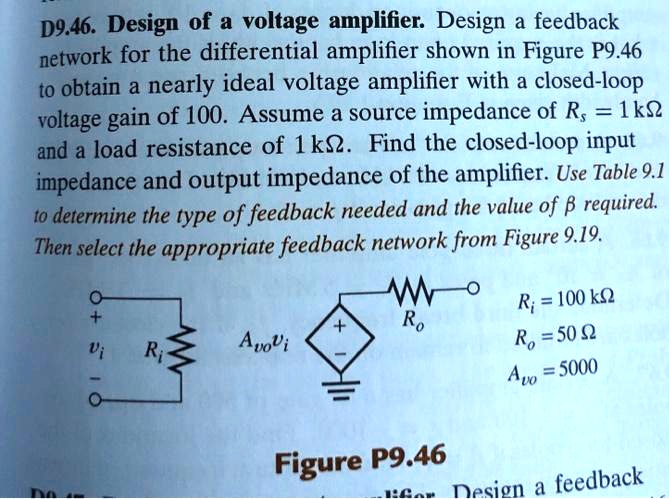 SOLVED: D9.46. Design of voltage amplifier: Design a feedback network for the differential ...