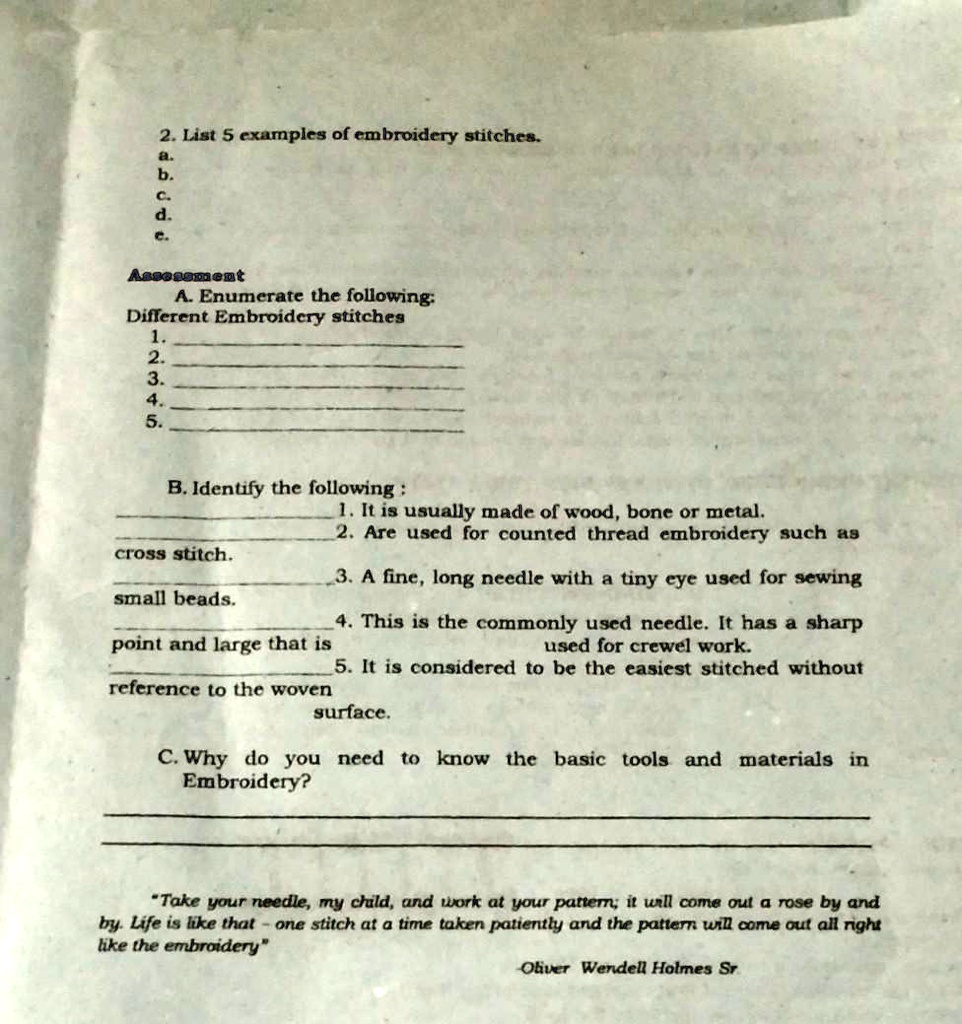 VIDEO solution: 2. List 5 examples of embroidery stitches. a. b ØªÙ‡ Ù ...