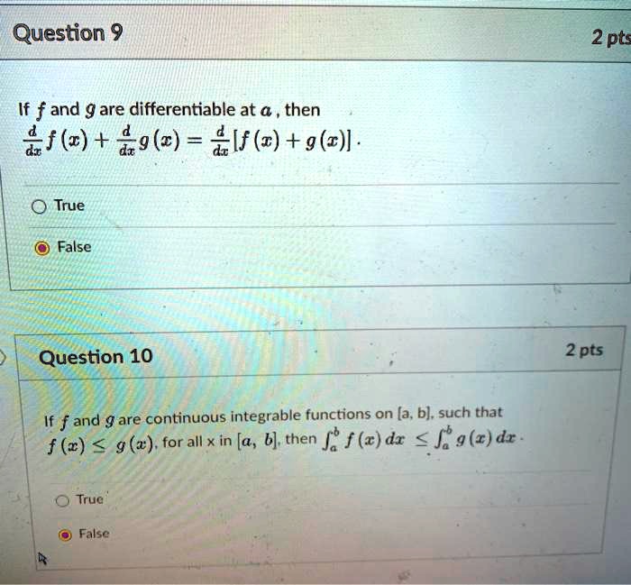 SOLVED:Question 2 pts If f and g are differentiable at @ , then Zfl ... SOLVED:Question 2 pts If f and g are differentiable at @ , then Zfl ...