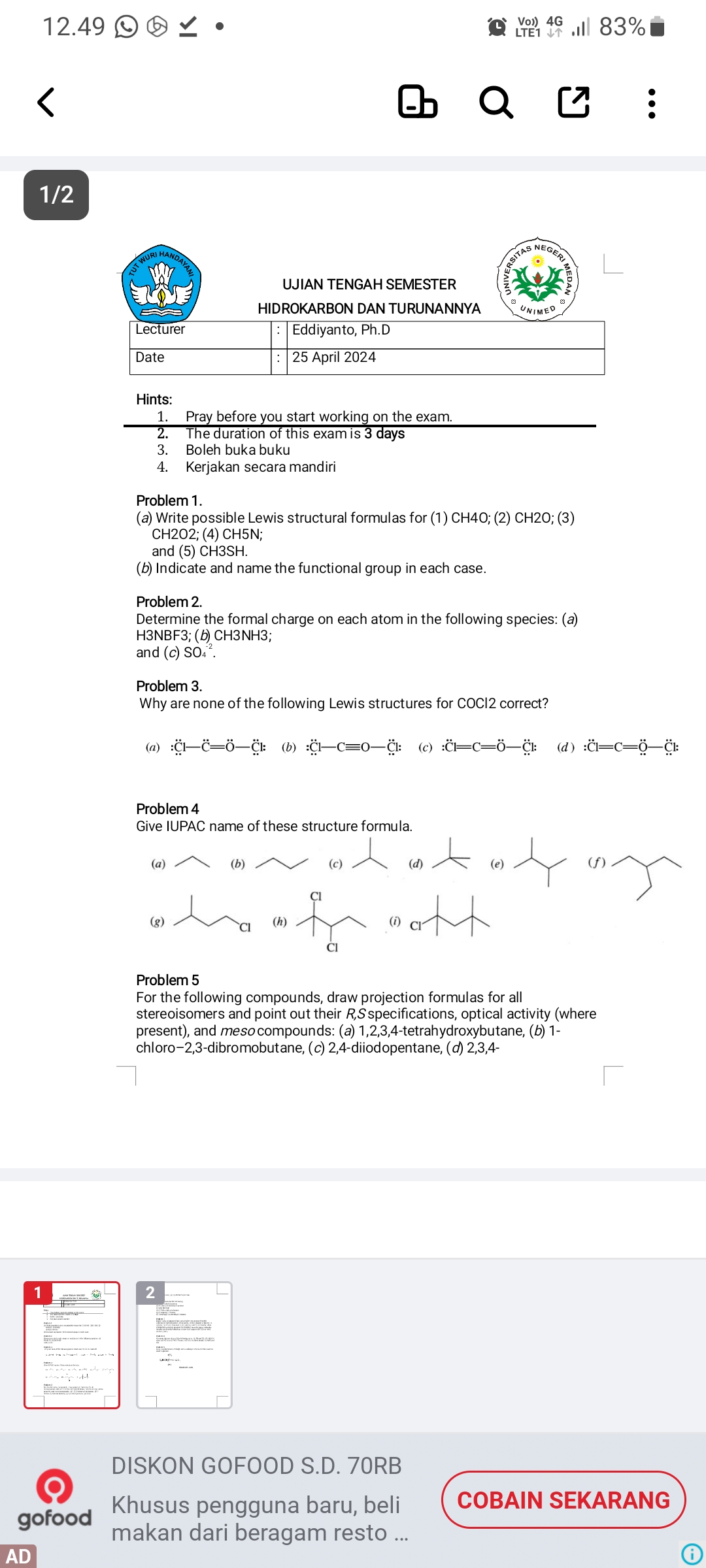SOLVED: 12.49 Vo)) 4G 1 / 2 ? Q UJIAN TENGAH SEMESTER HIDROKARBON DAN ...