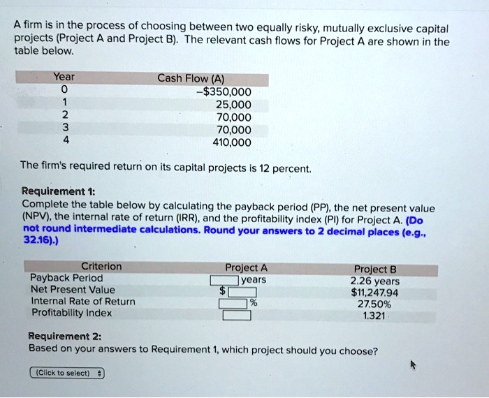 A firm is in the process of choosing between two equally risky, mutually exclusive capital ...