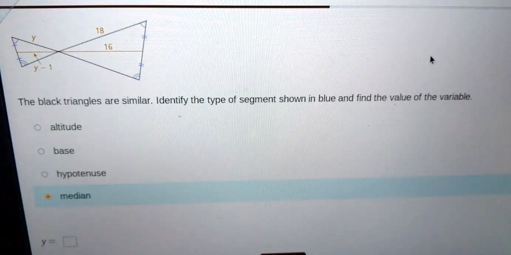 y 18 16 y-1 The black triangles are similar. Identify the type of segment shown in blue and find ...
