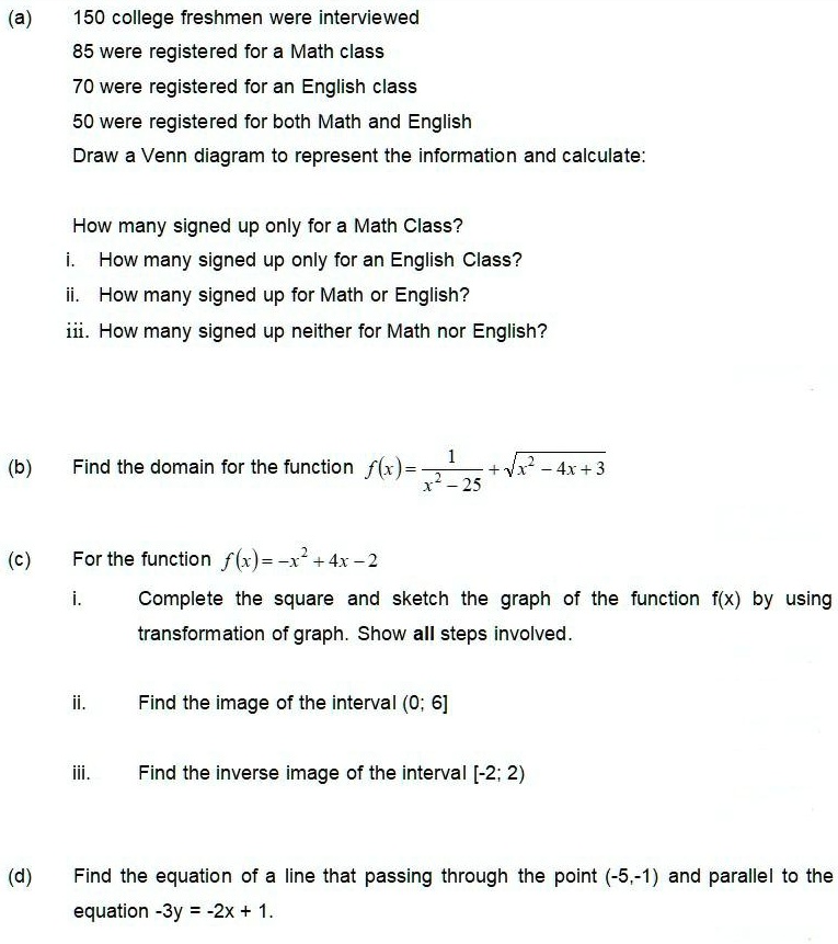 (a) 150 college freshmen were interviewed 85 were registered for a Math ...