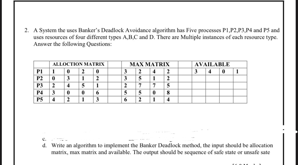 Solved A System That Uses Bankers Deadlock Avoidance Algorithm Has Five Processes P1 P2 P3