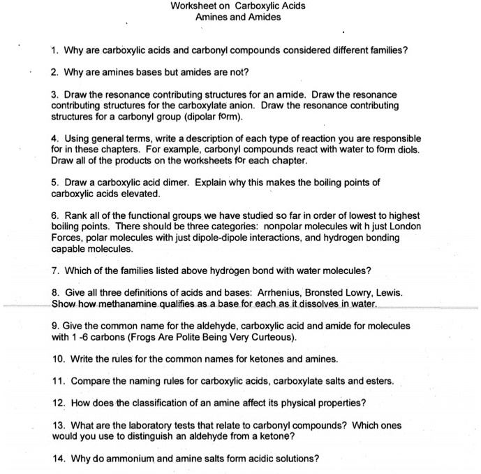 SOLVED: Worksheet on Carboxylic Acids Amines and Amides Why are ...