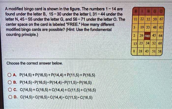 A modified bingo card is shown in the figure. The numbers 1-14 are ...