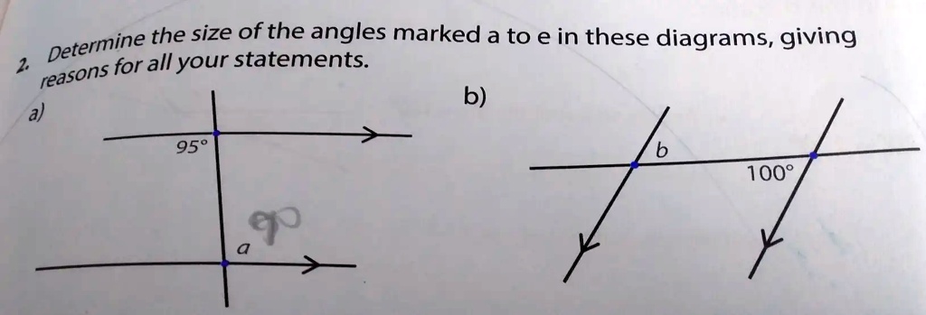 SOLVED: Determine the size of the angles marked a to e in these diagrams, giving reasons for all ...