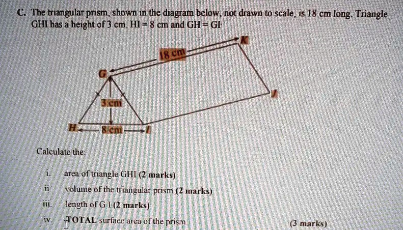 The triangular prism, shown in the diagram below (not drawn to scale ...