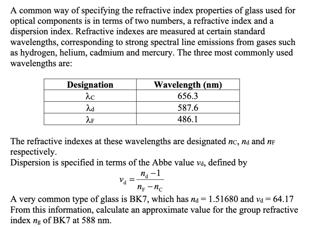 Solved A Common Way Of Specifying The Refractive Index Properties Of Glass Used For Optical
