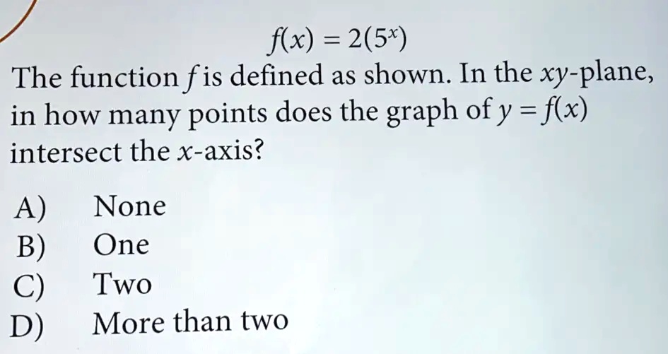 f(x) = 2(5^x) The function f is defined as shown. In the xy-plane, in how many points does the ...