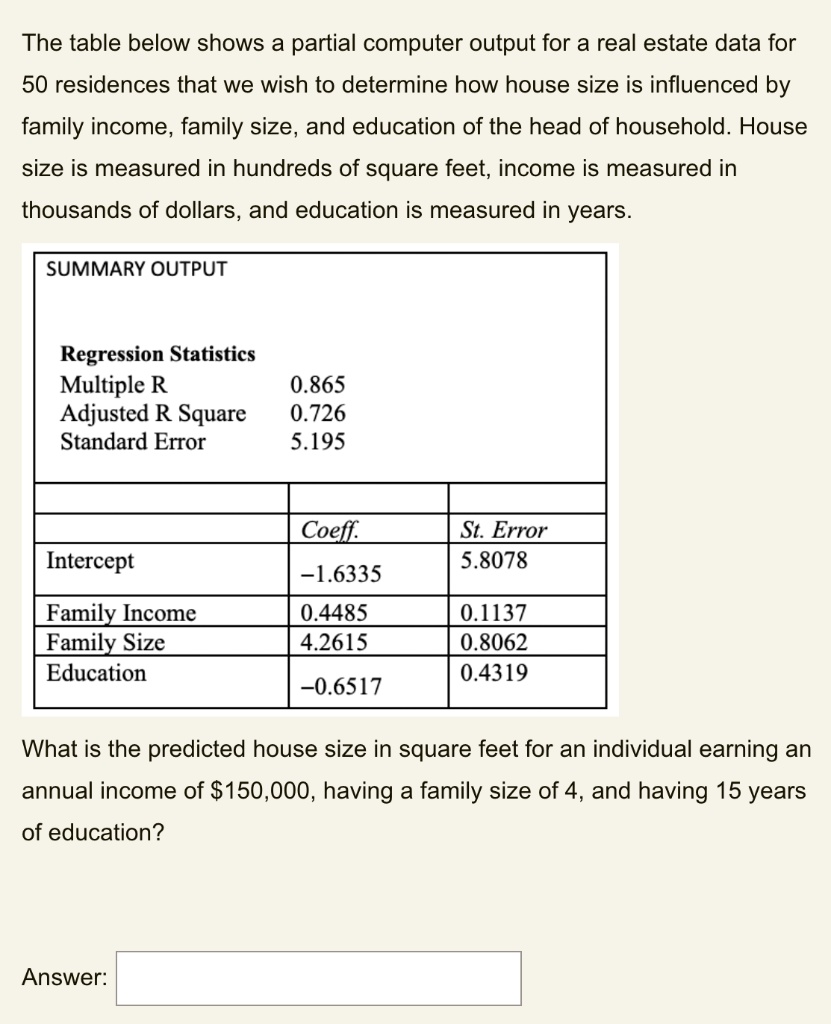SOLVED: The table below shows a partial computer output for a real ...