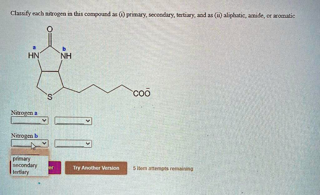 SOLVED: Classify each nitrogen in this compound as primary, secondary ...