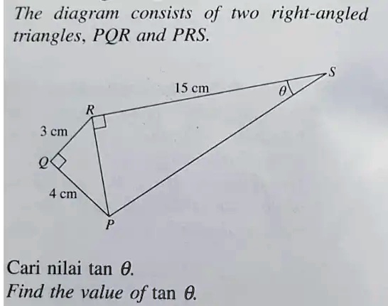 The diagram consists of two right-angled triangles: PQR and PRS. 15 cm 3 cm 4 cm Find the value ...