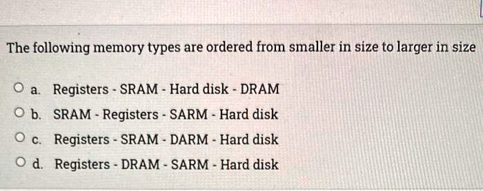SOLVED: The following memory types are ordered from smaller in size to ...