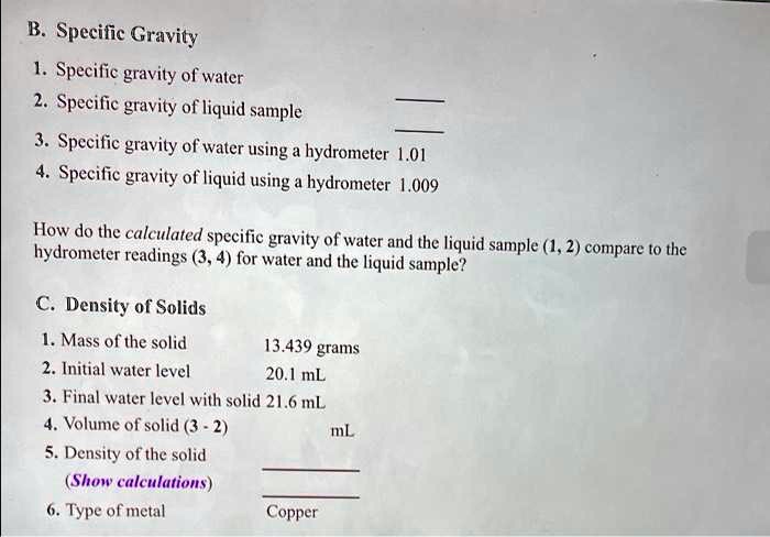 B. Specific Gravity 1. Specific gravity of water 2. Specific gravity of ...