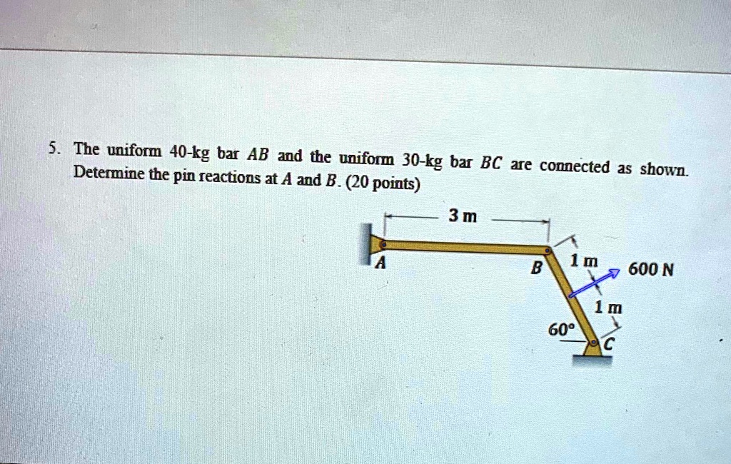 5. The uniform 40-kg bar AB and the uniform 30-kg bar BC are connected as shown. Determine the ...