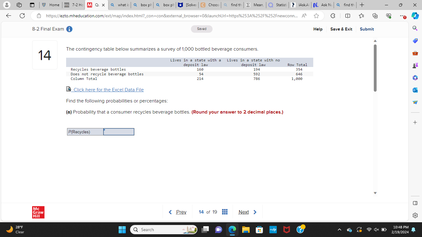 SOLVED: 8-2 Final Exam 𝐢 Saved Help Save & Exit Submit 14 The contingency table below summarizes ...